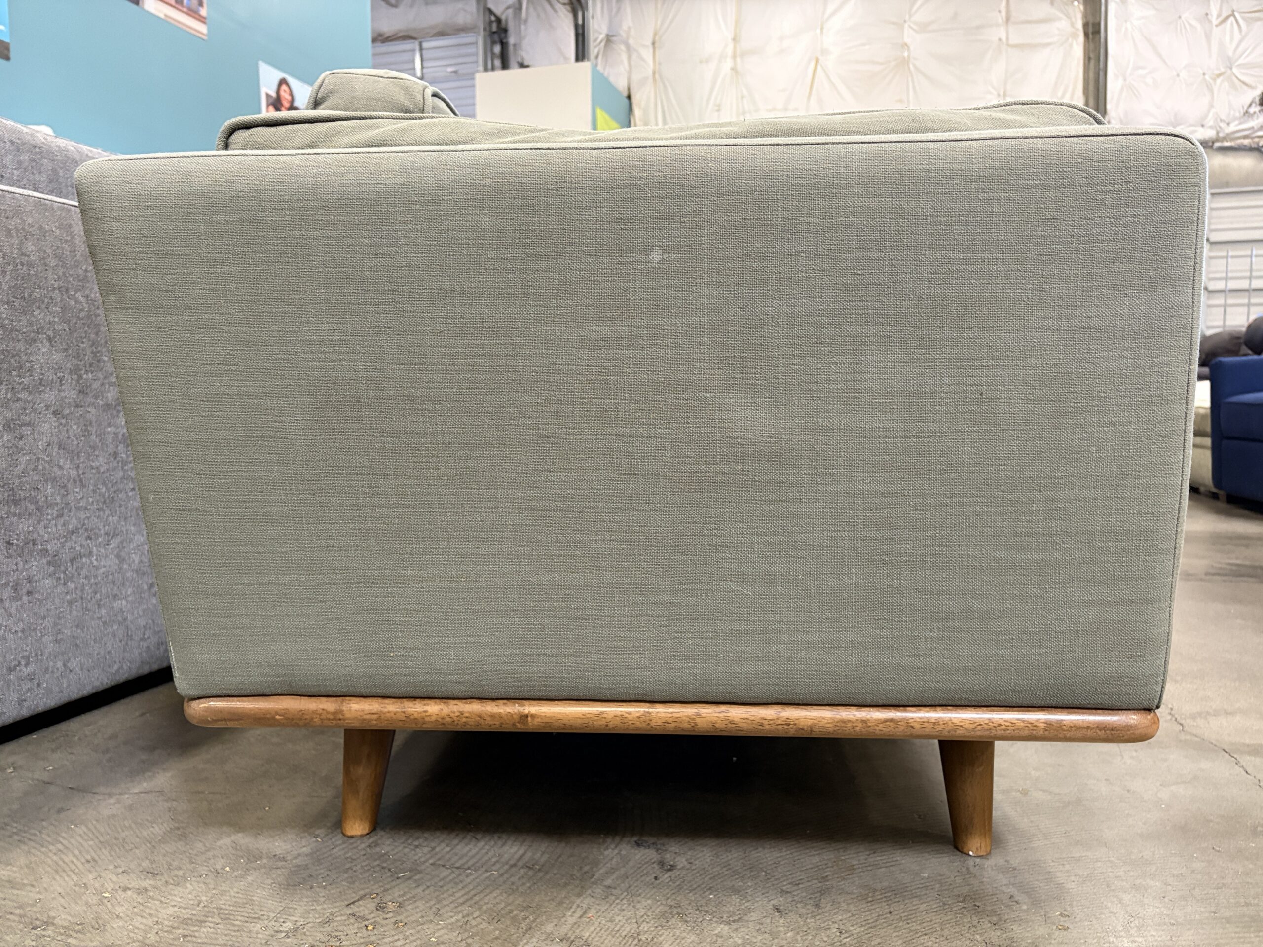 Eucalyptus Green MCM Style Low Back Sofa with Wood Trim and Splayed ...